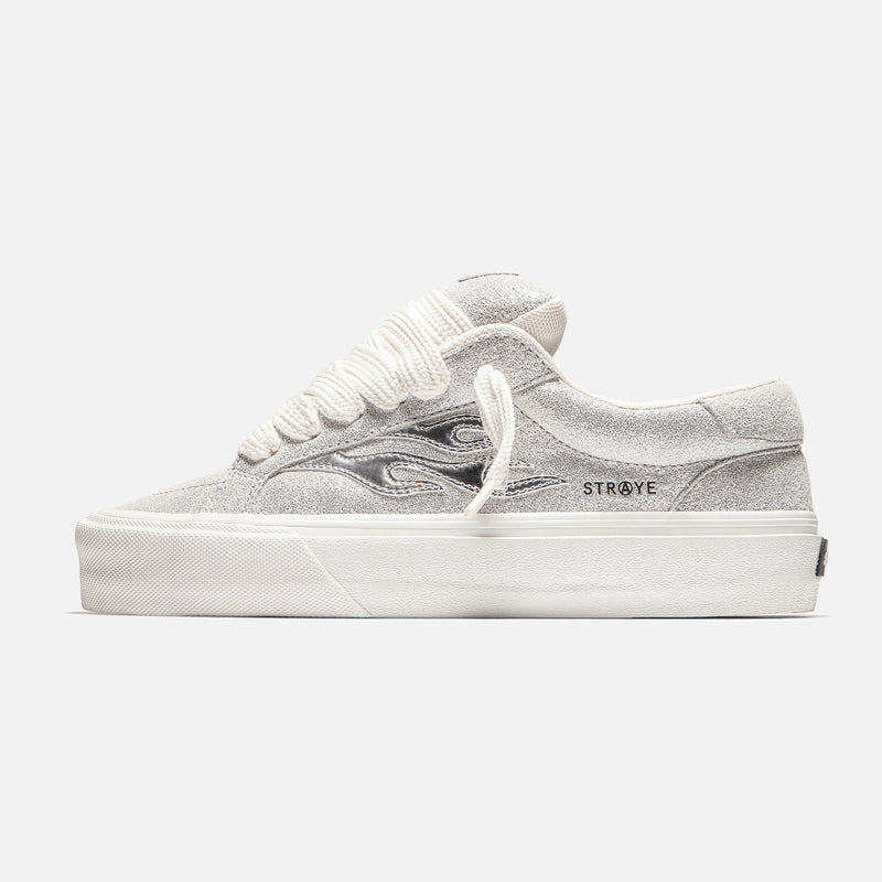 STRAYE Logan Puff Metallic Chrome suede — puffy low-top skate shoe