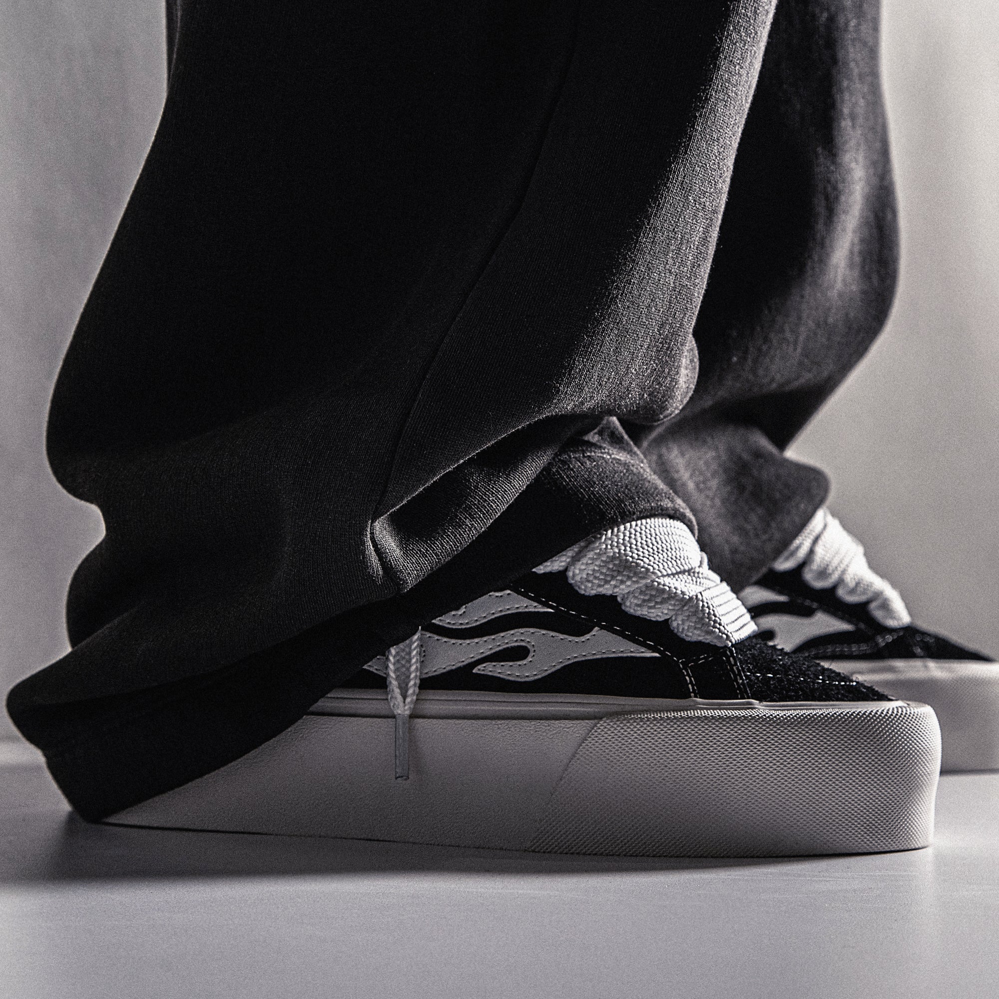 STRAYE Logan Stomper Black Hairy Suede + Canvas platform skate shoe